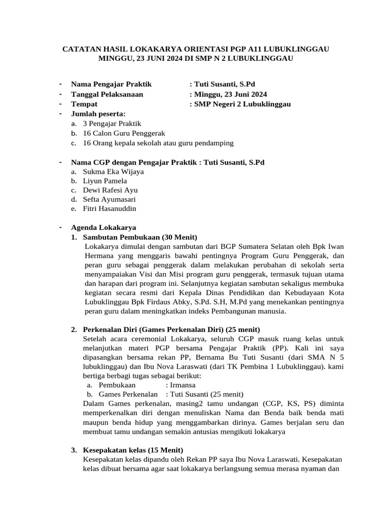 Catatan Hasil Lokakarya Orientasi Kelas B PP Tuti Susanti | PDF