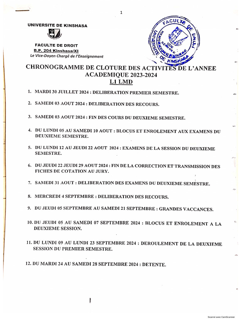 Chronogramme de clôture des activités de l'année académique 2023-2024 | PDF