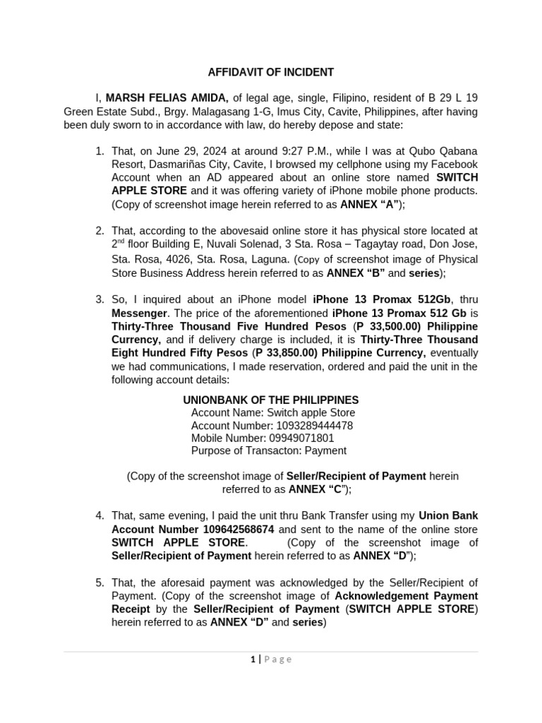 AFFIDAVIT OF INCIDENT CYBER CRIME IPHONE SCAM MARSH FELIAS AMIDA | PDF
