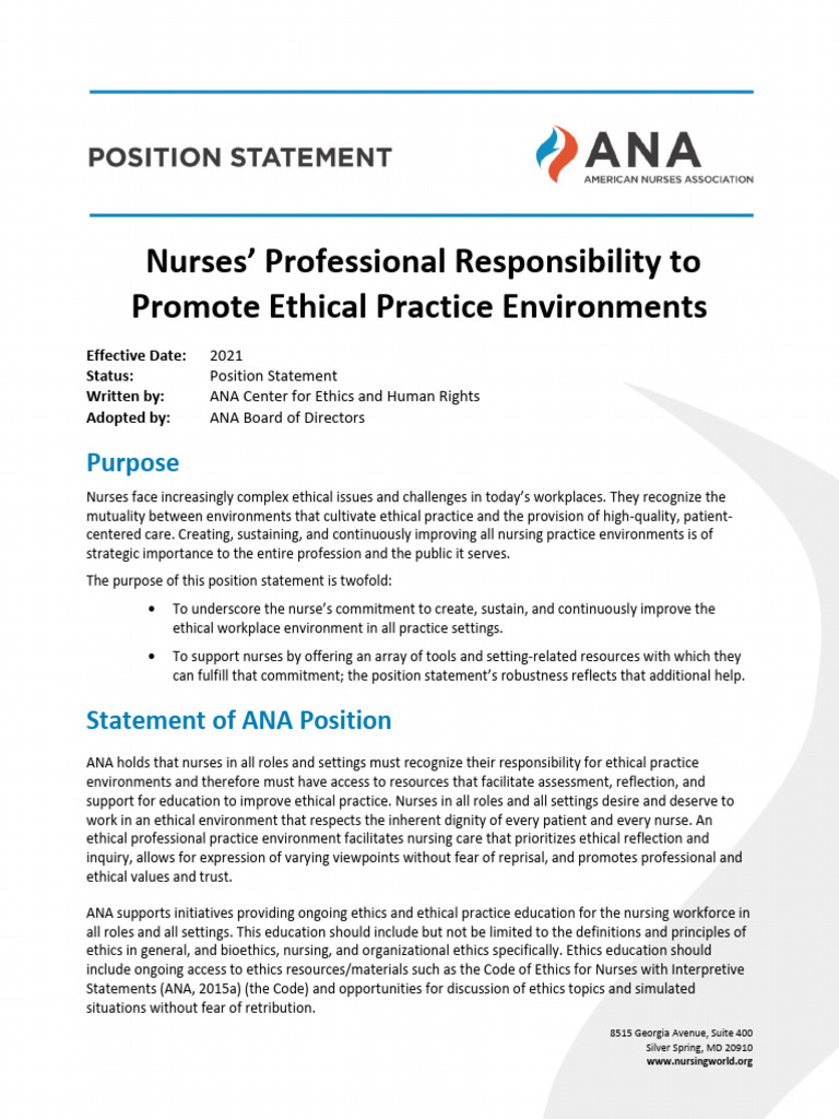 Nurses Professional Responsibility To Promote Ethical Practice ...
