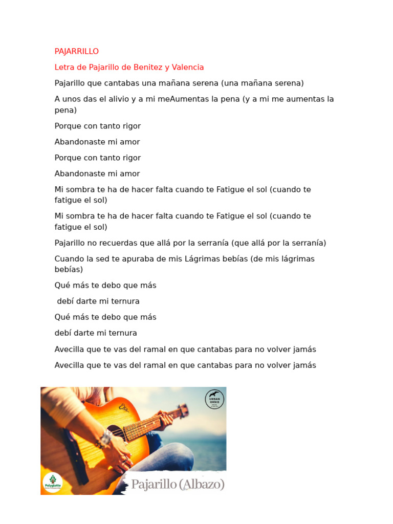 Pajarrillo Letra de Pajarillo de Benitez y Valencia | PDF | Poetry