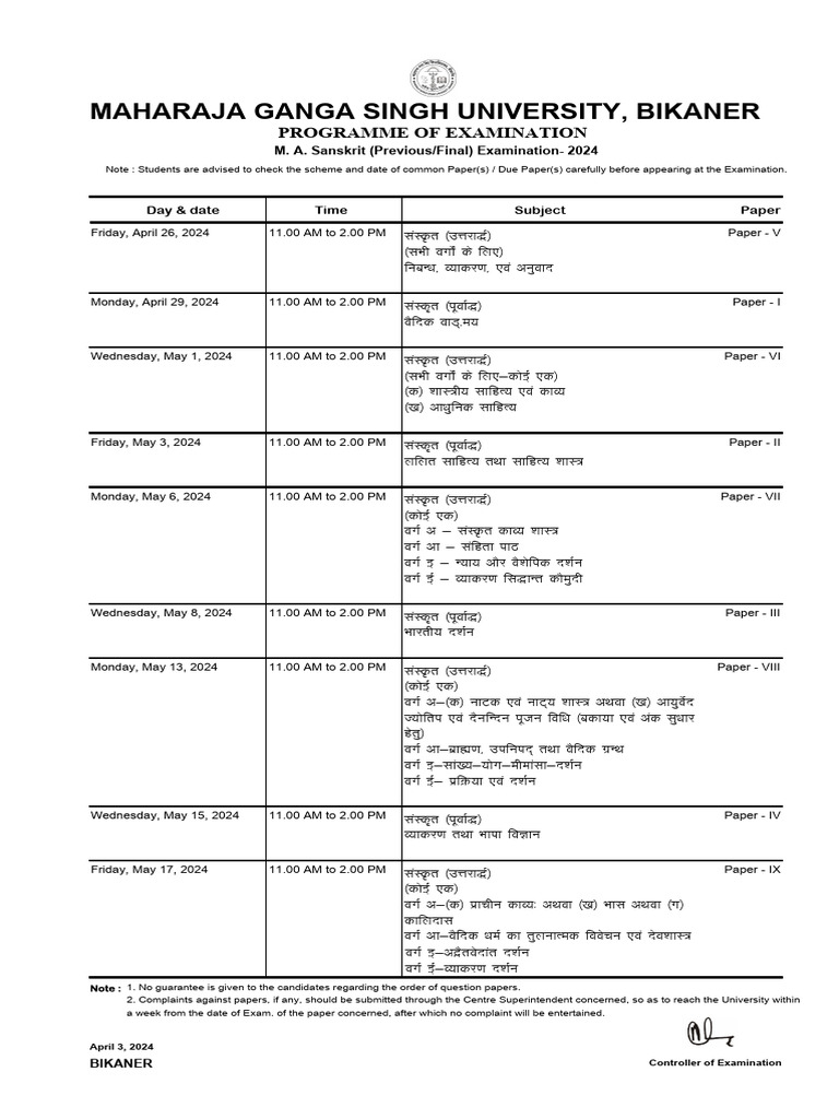 Maharaja Ganga Singh University, Bikaner: Programme of Examination | PDF