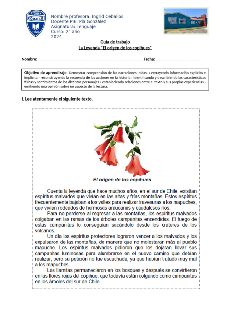 Guía de Lenguaje: Leyenda Copihues | PDF | Cognición