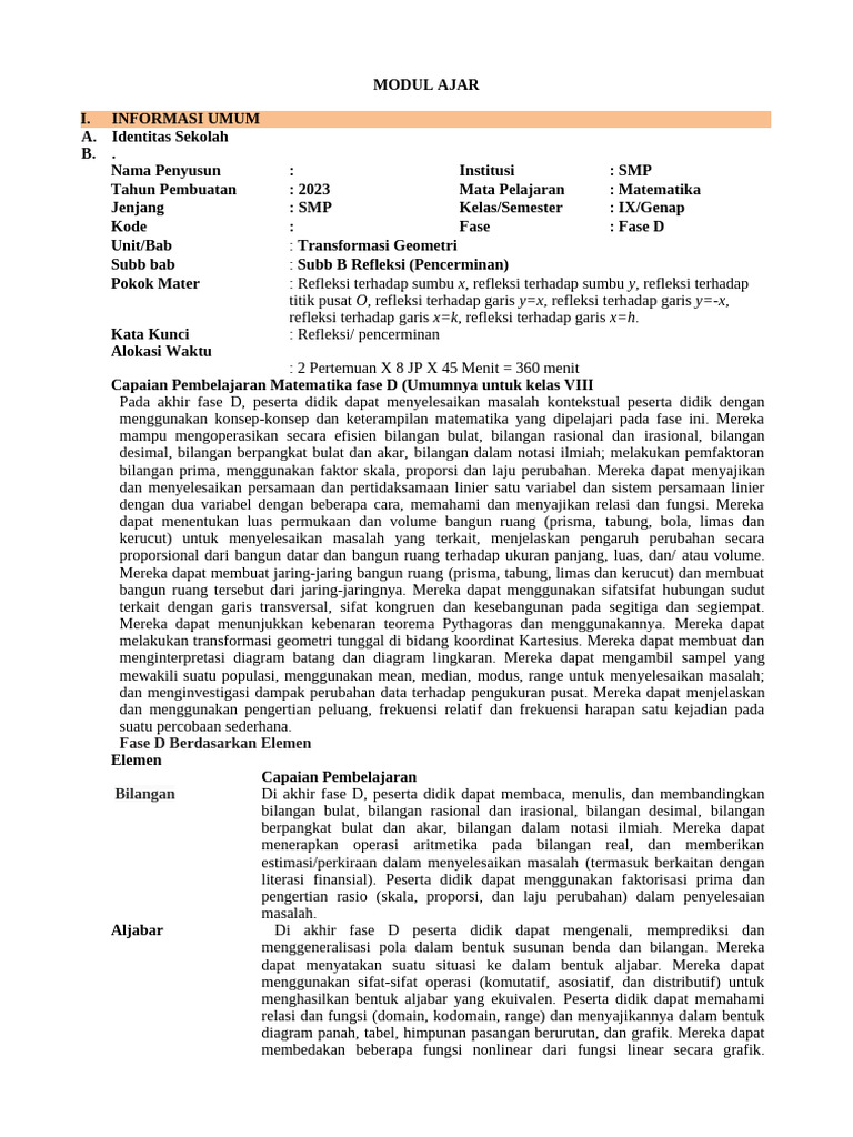 Modul Ajar Transformasi Geometri | PDF | Metode & Bahan Ajar