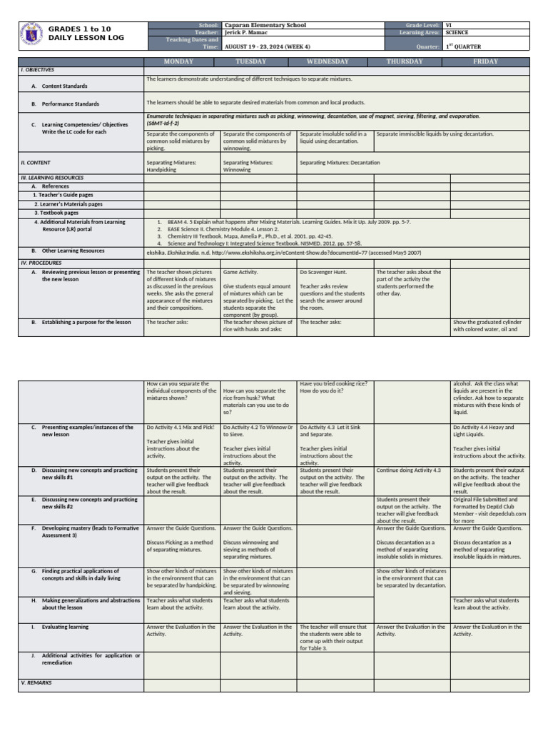 Science 6 Week 4 Lesson Plan | PDF | Behavior Modification | Learning