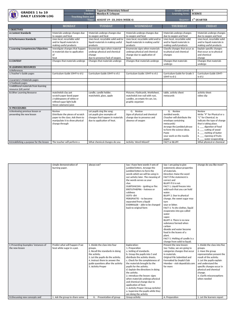 DLL - Science 5 - Q1 - W4 | PDF