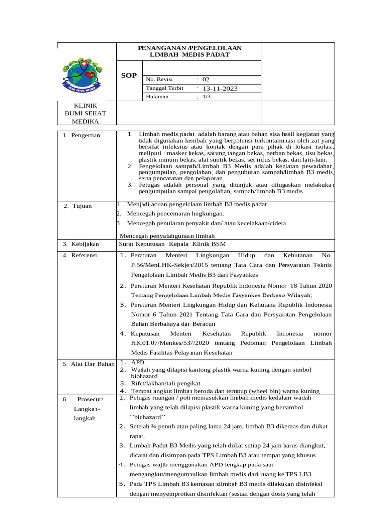 SOP Pengelolaan Limbah Medis Padat | PDF