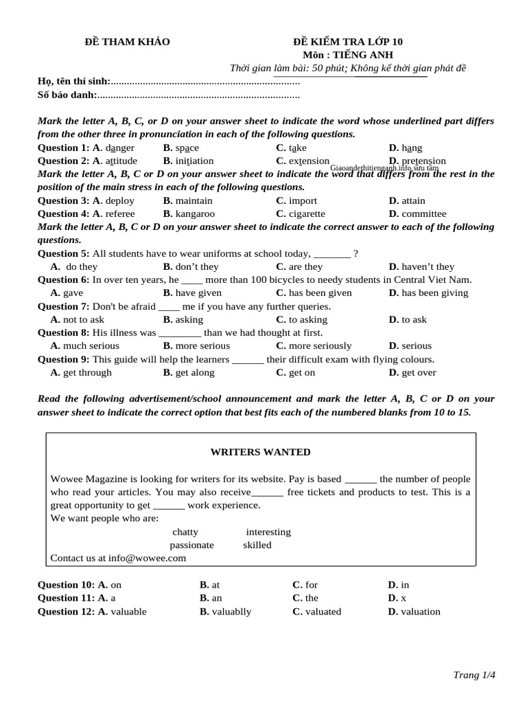 Đề thi vào 10 môn Anh theo form 2025 (số 5) | PDF