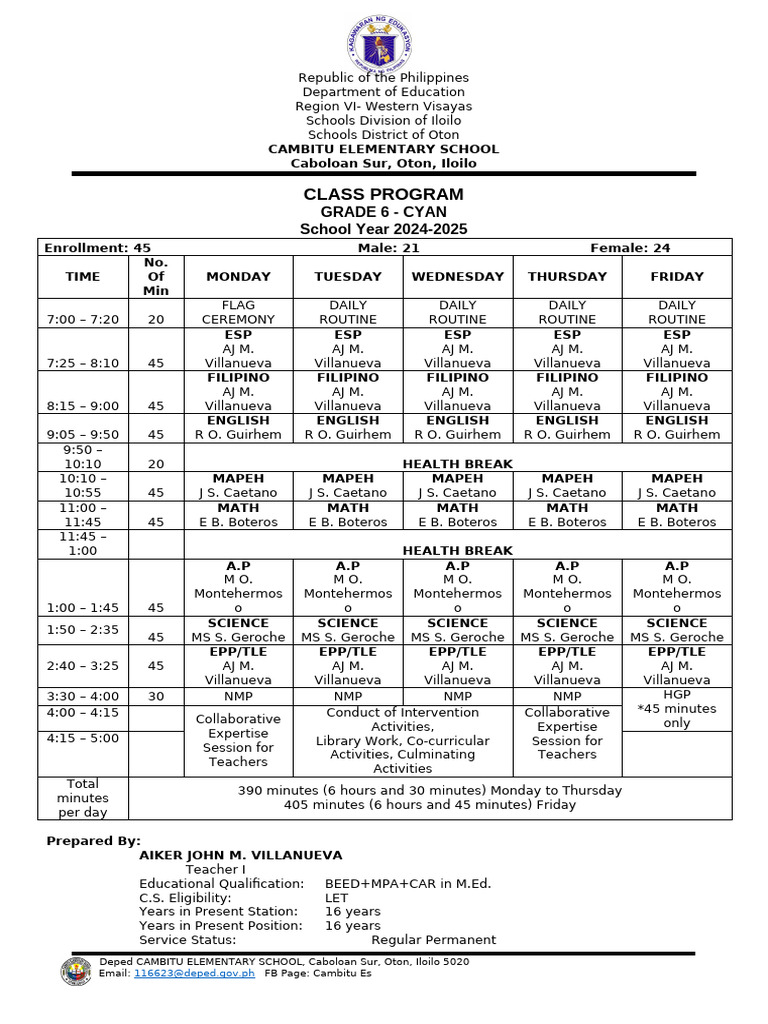 CLASS PROGRAM MATATAG 2024-2025 | PDF