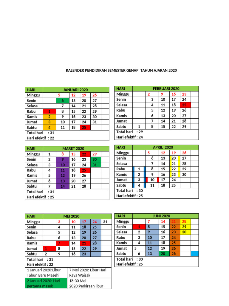 Kalender Pendidikan Semester Genap Tahun Ajaran 2020 | PDF