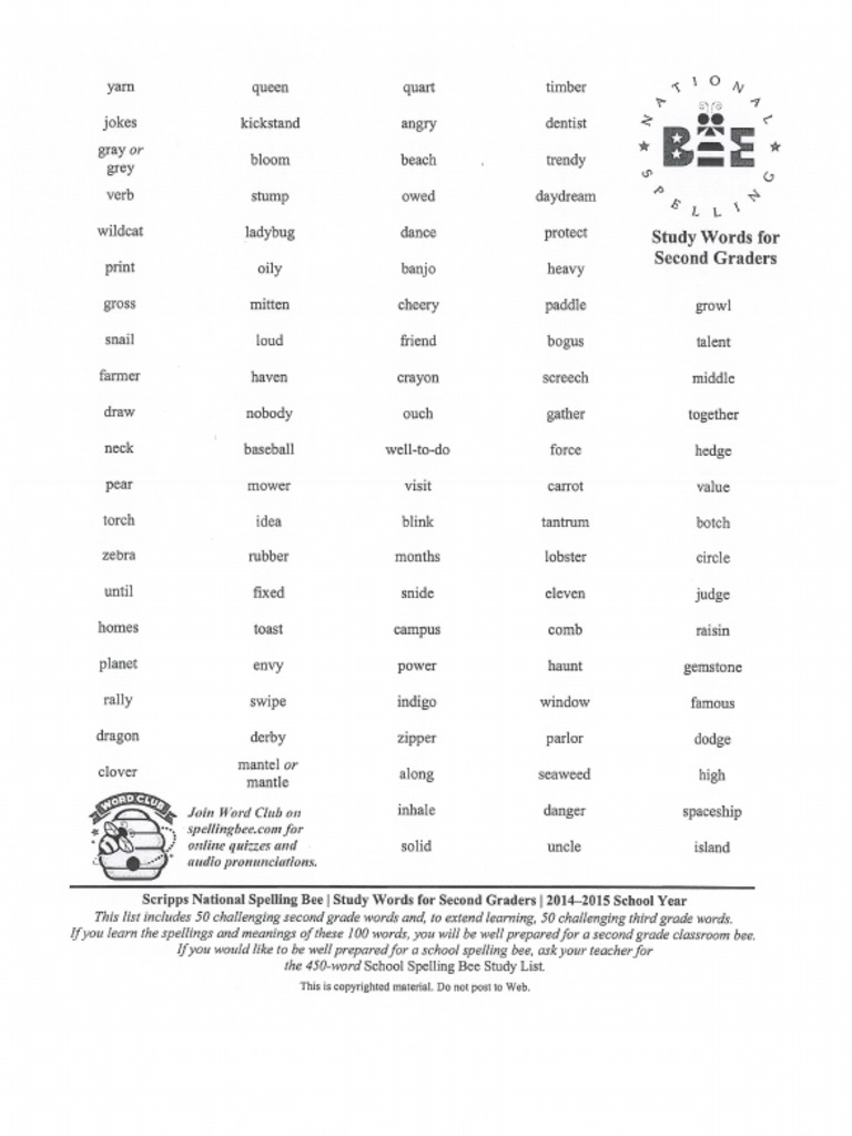 Spelling Words Grade 2 | PDF