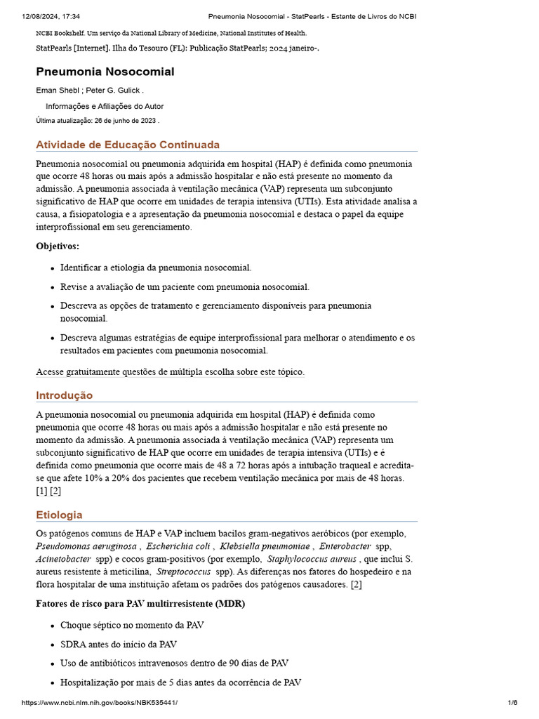 Pneumonia Nosocomial (NIH - StatPearls - NCBI - 2023) | PDF