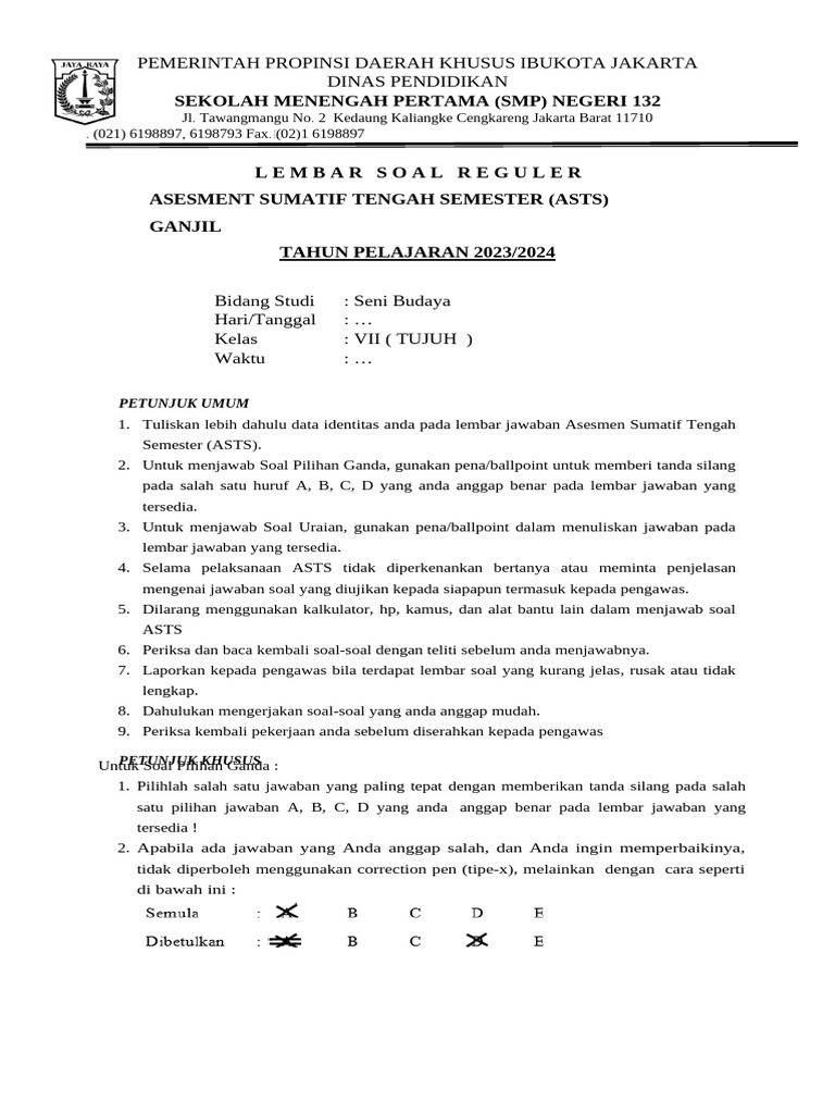Soal PTS Ganjil Seni Budaya Kelas 7 (Reguler) 2023-2024 | PDF