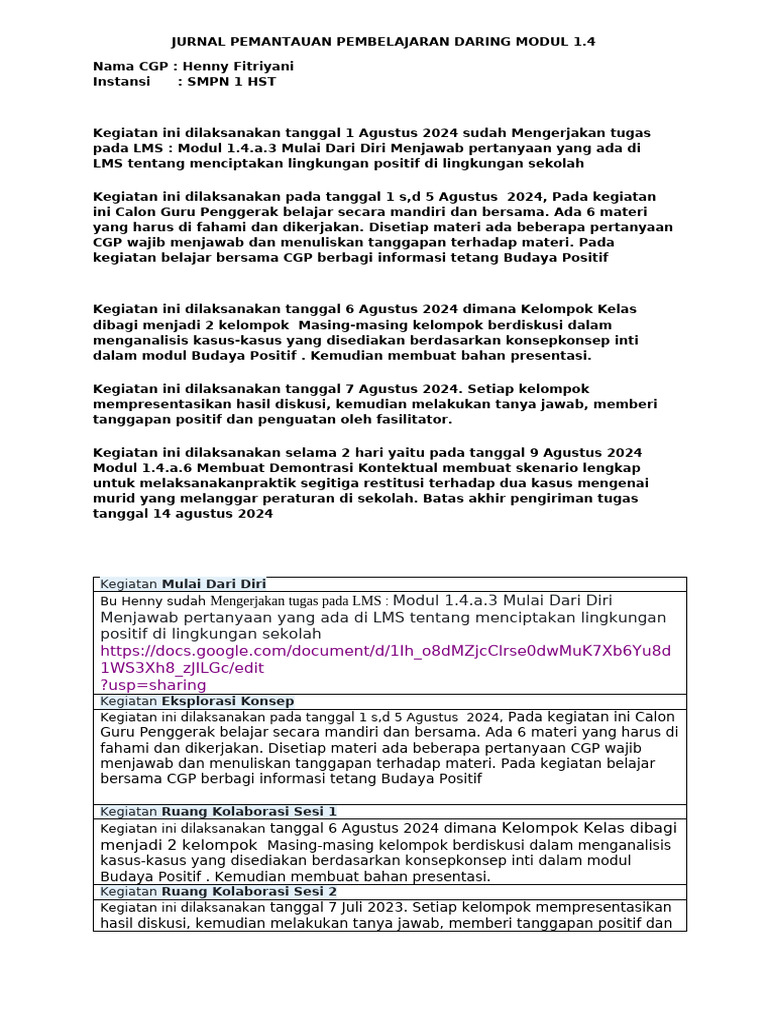 Jurnal Pemantauan Pembelajaran Daring Modul 1 4 | PDF