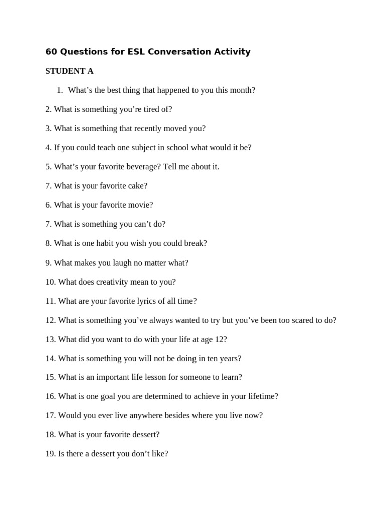 60 Questions For ESL Conversation Activity | PDF