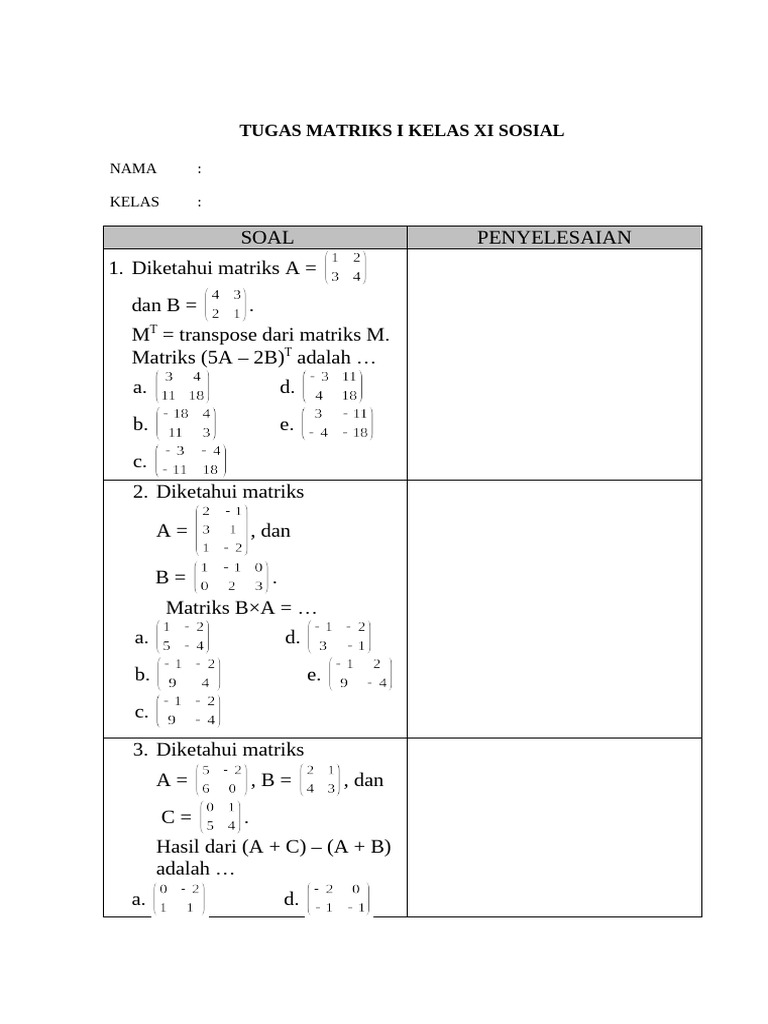 Tugas Matriks - I - Kelas Xi Sosial | PDF