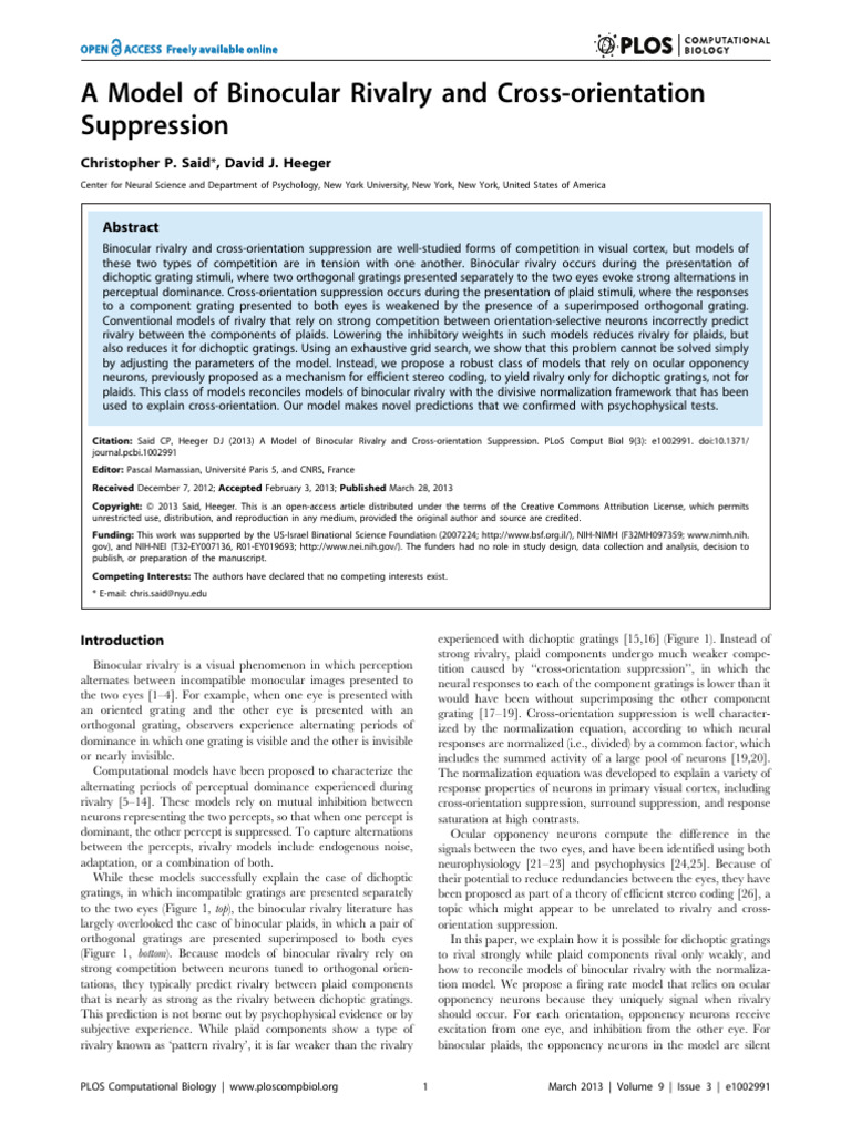 A Model of Binocular Rivalry and Cross-Orientation Suppression | PDF