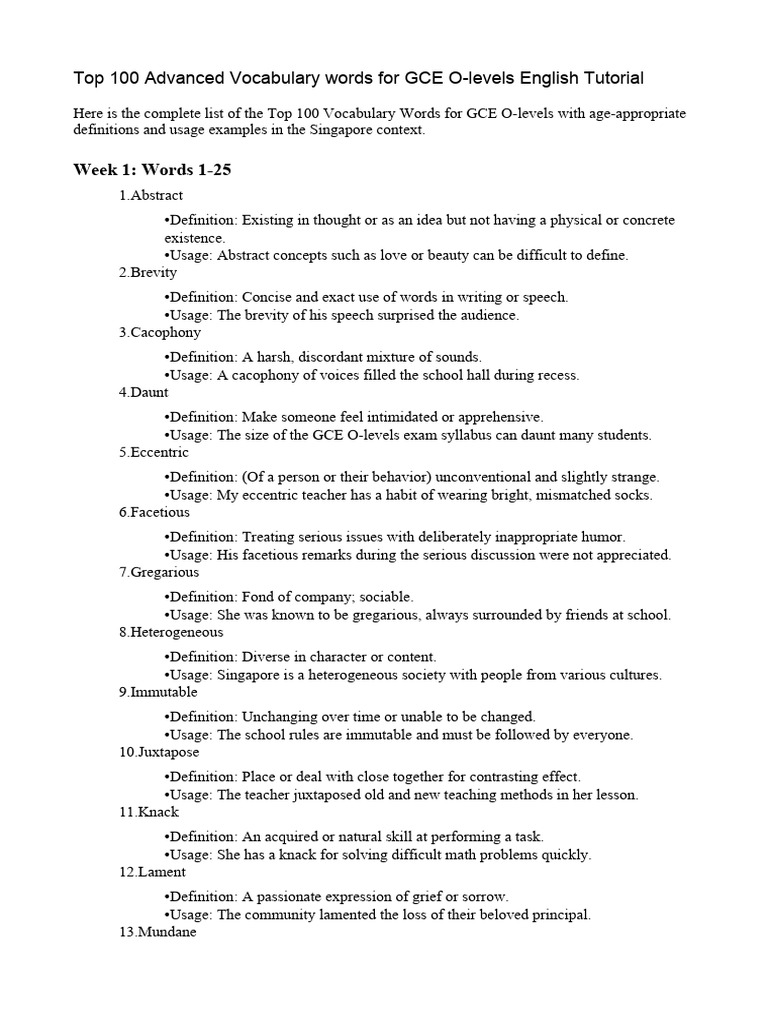 Top 100 GCE O Level Advanced Vocabulary With Meaning and Usage | PDF
