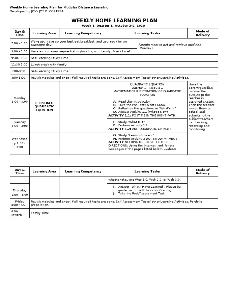 Weekly Home Learning Plan (Lesson 3 Activity 2) | PDF