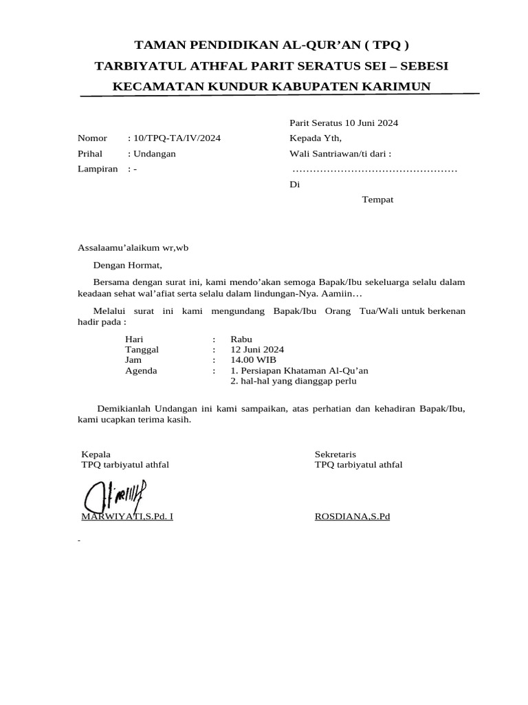 Surat Undangan TPQ Tarbiyatul Atfal | PDF