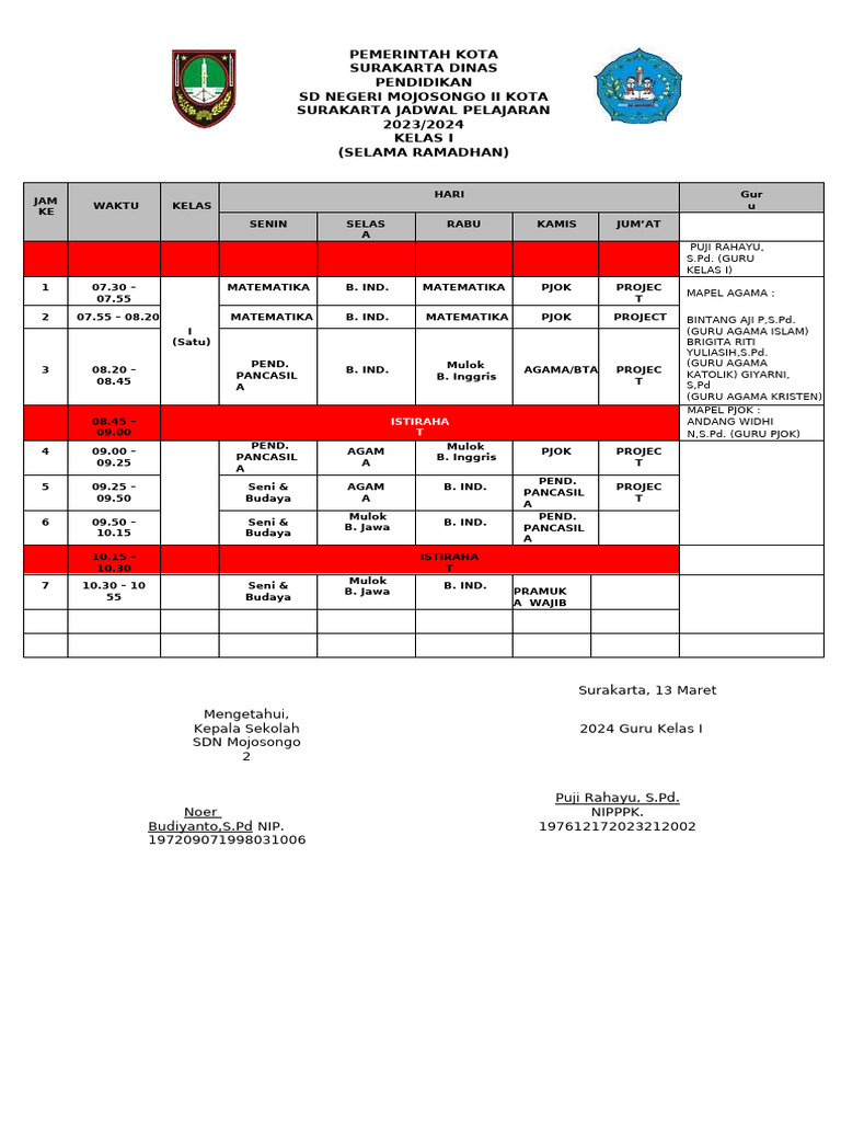 Jadwal Pelajaran Kelas 1 Pdf