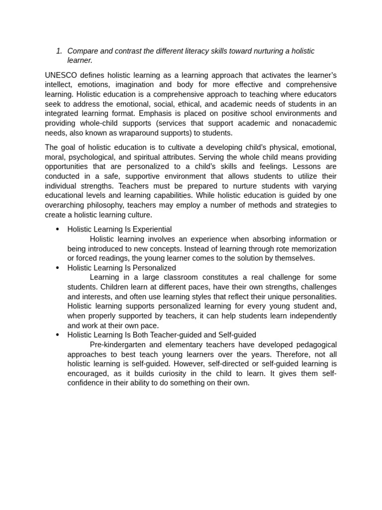 Compare and Contrast The Different Literacy Skills Toward Nurturing A Holistic Learner | PDF