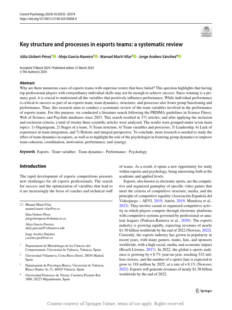 Key Structure and Processes in Esports Teams A Sys | PDF