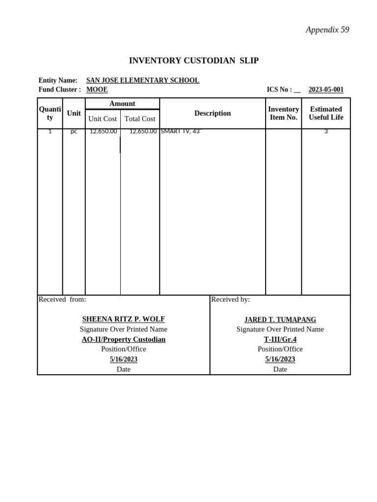 Inventory Custodial Slip For Inventory | PDF