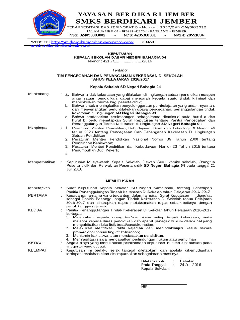 Contoh SK Panitia Sekolah Aman | PDF