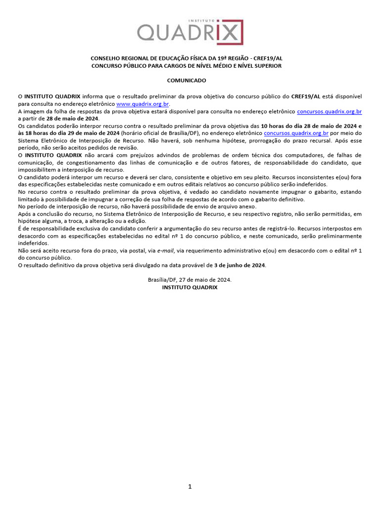 CREF-19-AL Concurso Publico 2024 Comunicado 27-05-2024 | PDF