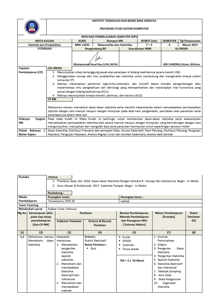Silabus Dan RPS Statistik Dan Probabilitas - Docx Ok | PDF