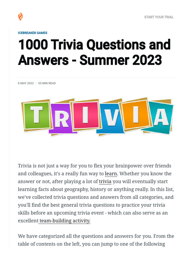 1000 Trivia Questions and Answers - Summer 2023 | PDF