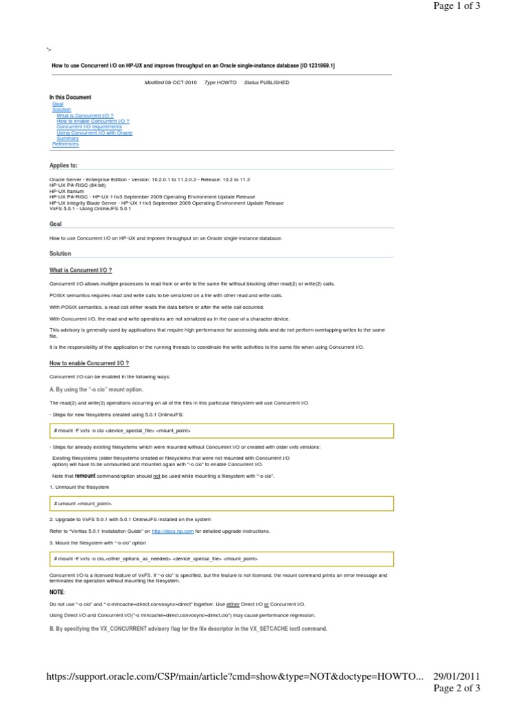 How To Use Concurrent Io On Hp Ux And Improve Throughput On An Oracle Single Instance Database