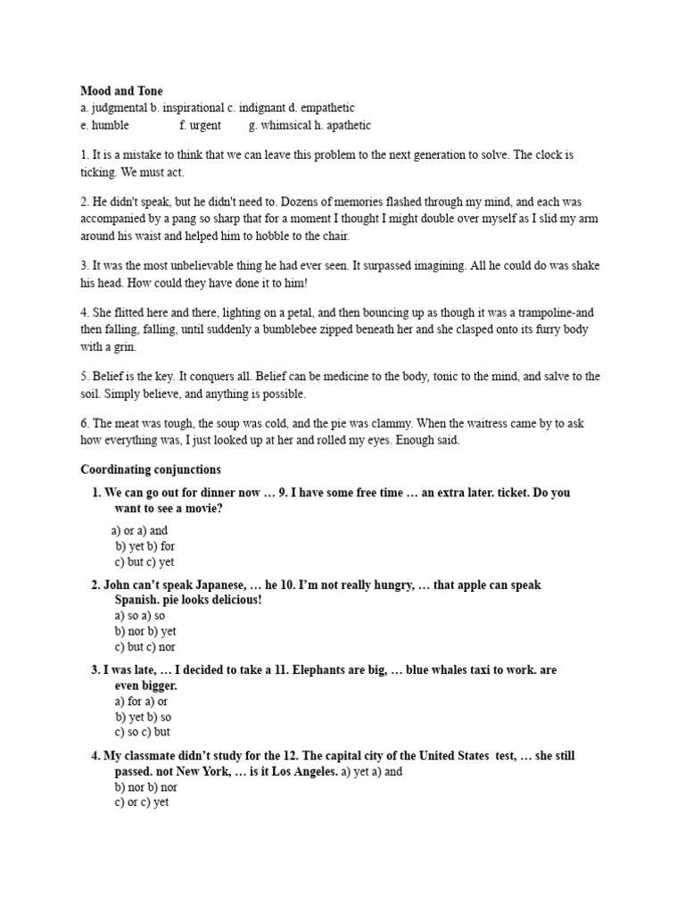 Tone Mood Exercise Question Worksheet | PDF