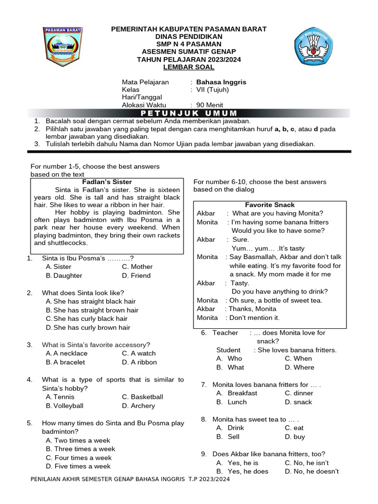 SOAL PAS BING VII Semester 2 IKM 2024 | PDF