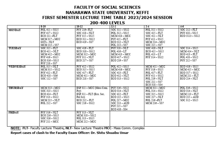 First Semester Lecture Time Table 2023 2024 Session Faculty of Social Sciences | PDF