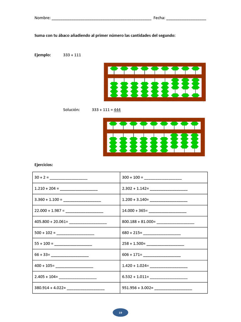 Ejercicios de Suma y Resta con Ábaco | PDF