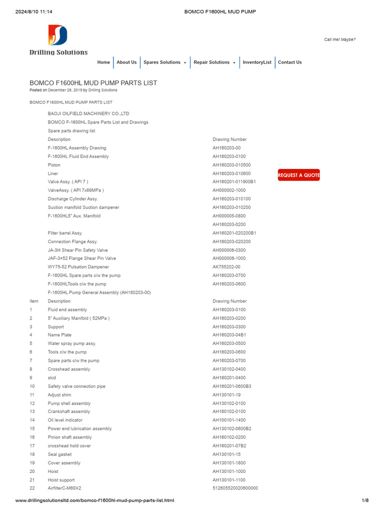BOMCO F1600HL MUD PUMP英制图号 | PDF