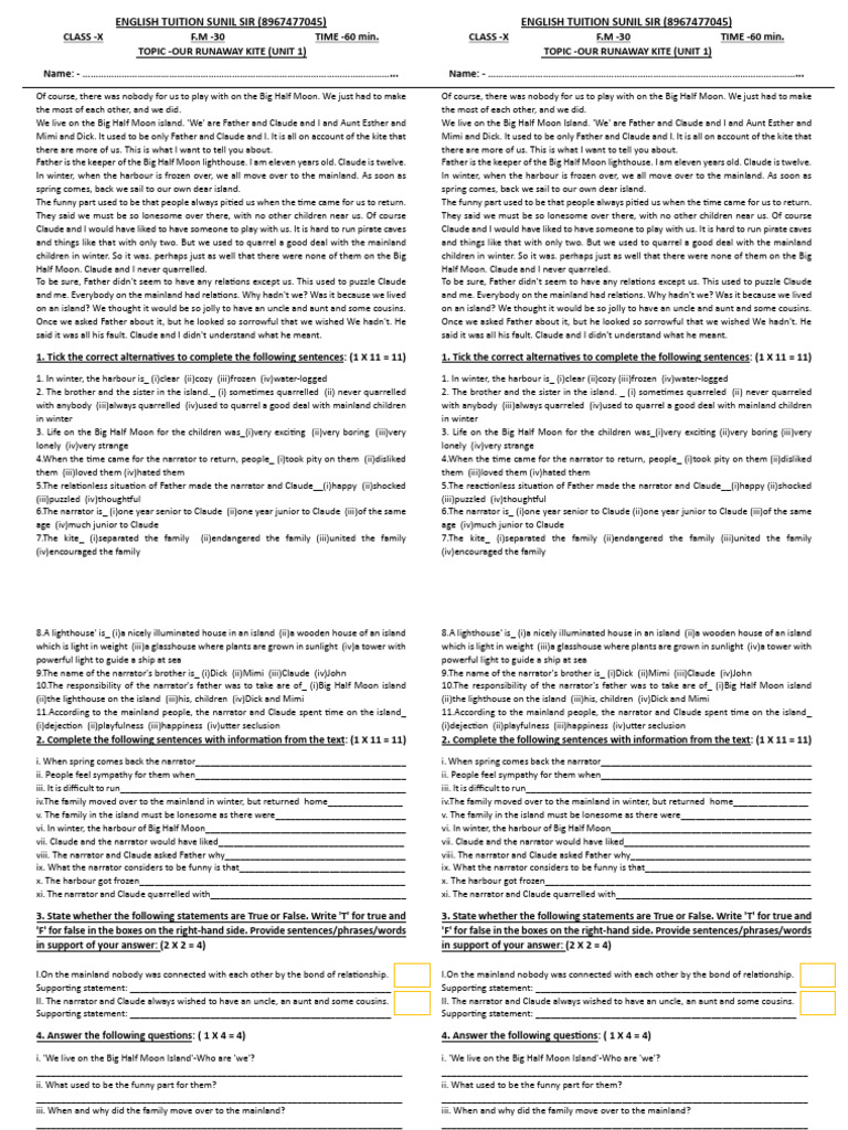 Our Runaway Kite Unit 1 | PDF