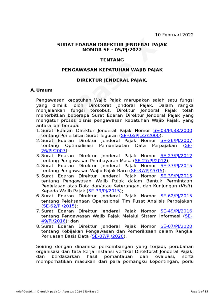 Surat Edaran Dirjen Pajak Nomor - SE - 05 - PJ - 2022 | PDF