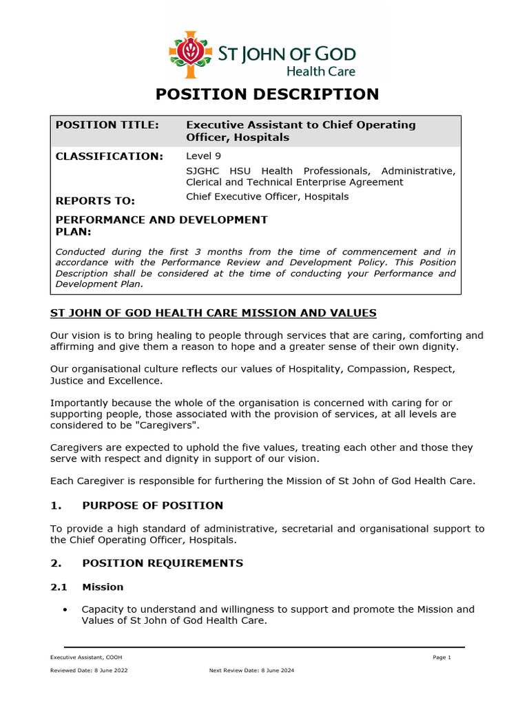 Executive Assistant To Chief Operating Officer, Hospitals | PDF