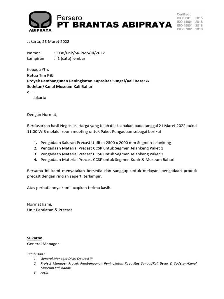 Surat Right To Match U-Ditch Dan CCSP (Proyek Sodetan Museum Kali Bahari) | PDF