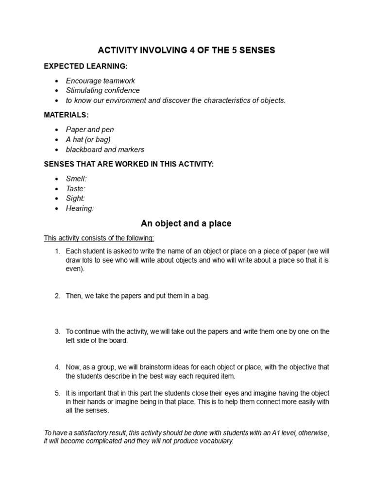 Activity Involving 4 of The 5 Senses | PDF