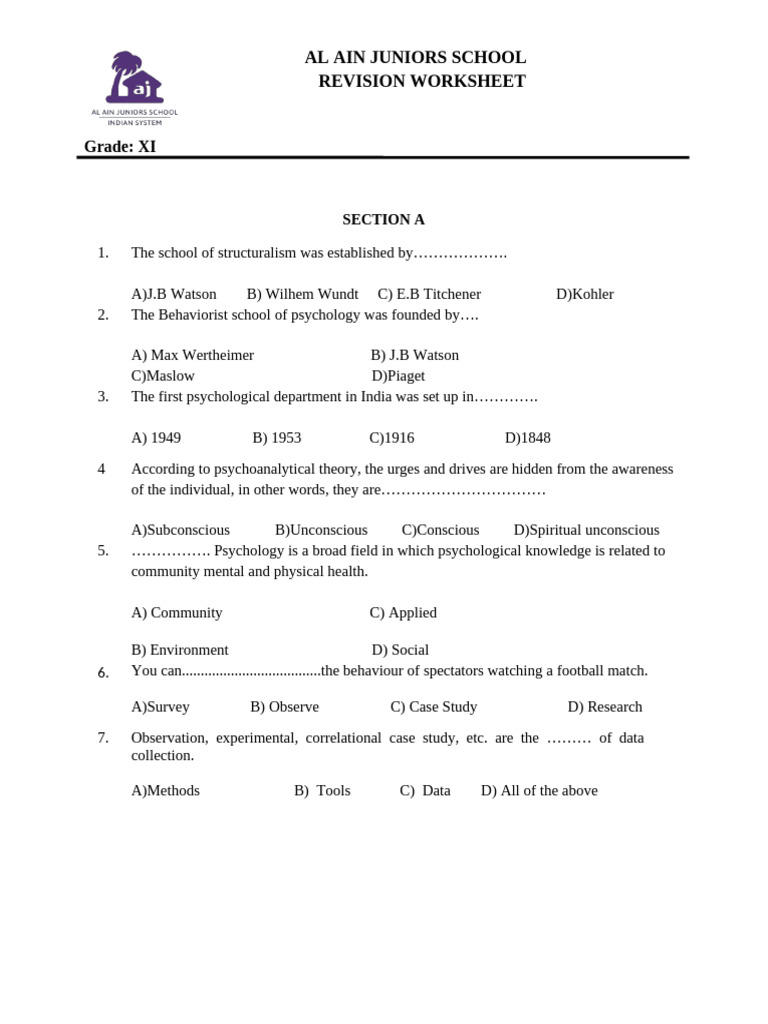 Al Ain Juniors School Revision Worksheet: Grade: XI | PDF