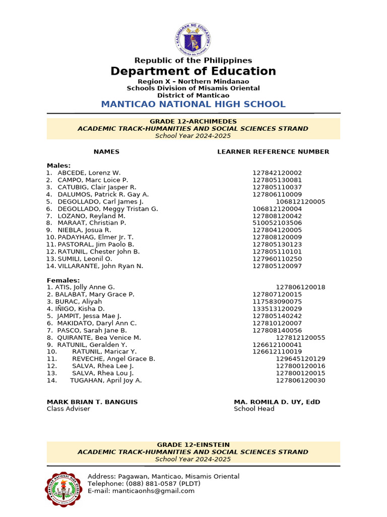 Grade 12 List of Students SY 2024 2025 First Semester | PDF