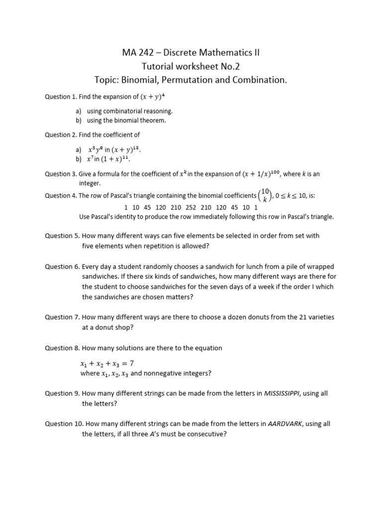 MA 242 Tutorial Worksheet No.2 | PDF