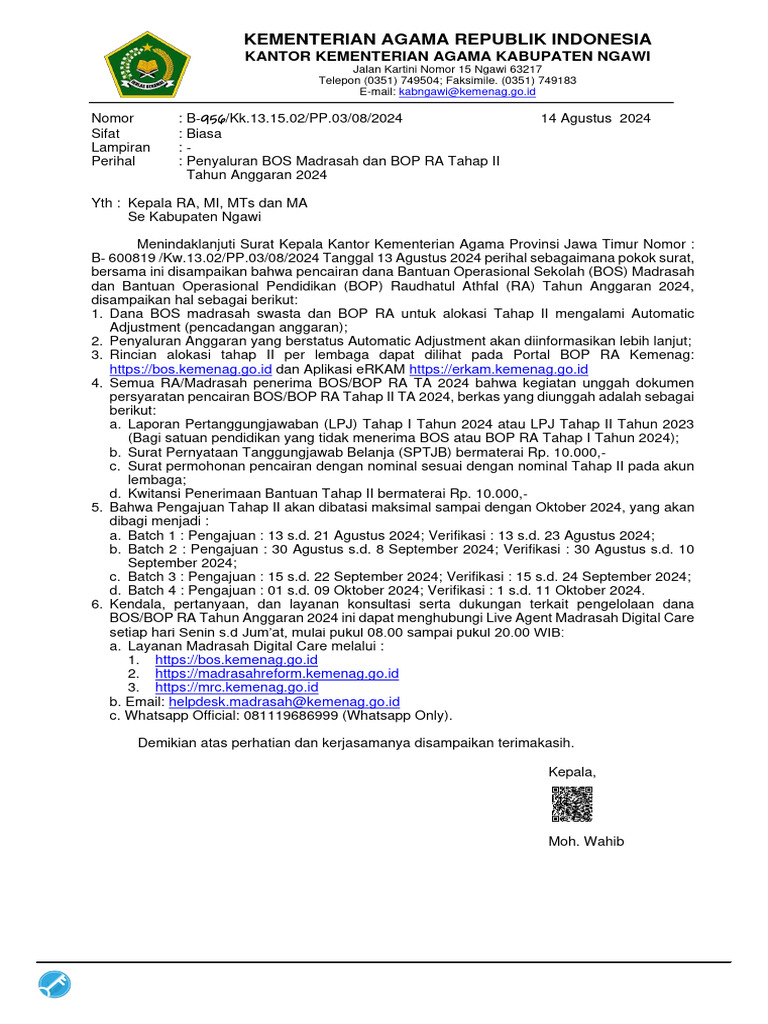 Surat Penyaluran BOS - BOP Tahap 2 Tahun 2024 | PDF