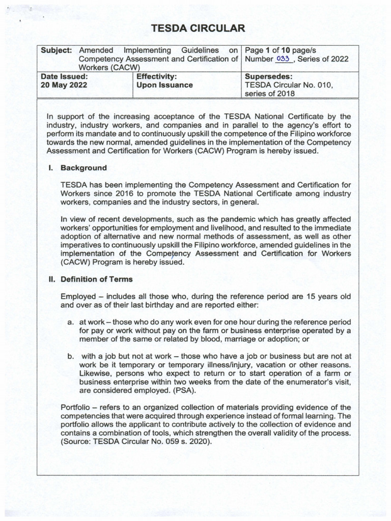 Amended IG On The Implementation of CACW TC No. 033-2022 | PDF