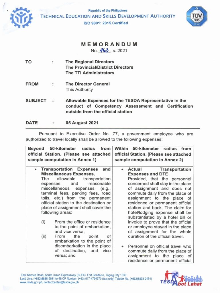 Allowable Expenses For The TESDA Rep Memo No. 463-2021 | PDF