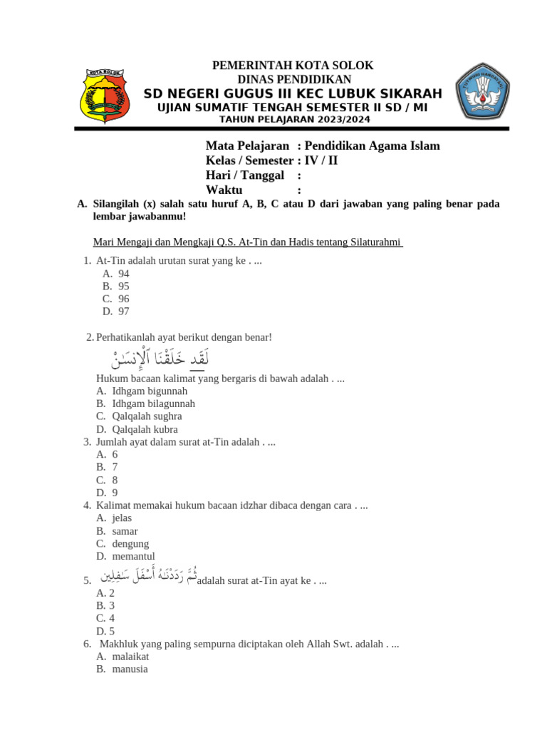 Soal UTS PAI Kelas 4 Semester 2 2024 | PDF